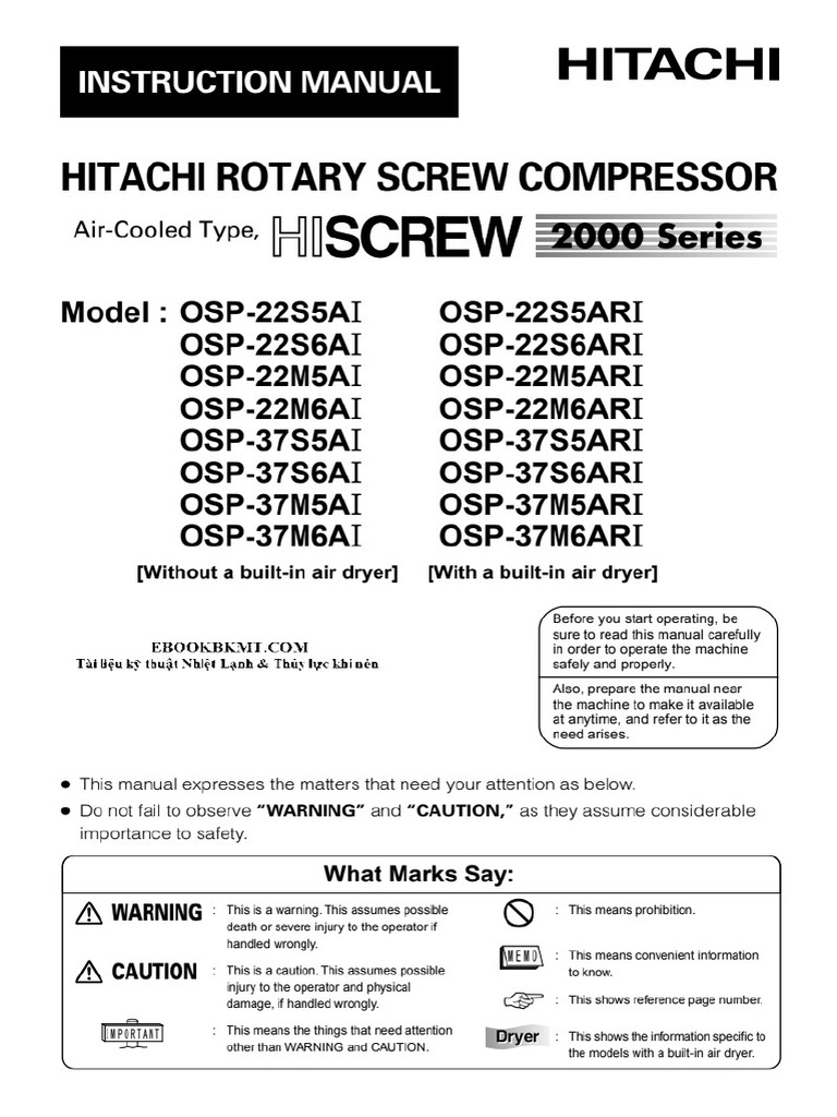 Instruction Manual Hiscrew 2000 Hitachi Rotary Screw Compressor Air Cooled Model Osp 22 37ai ...
