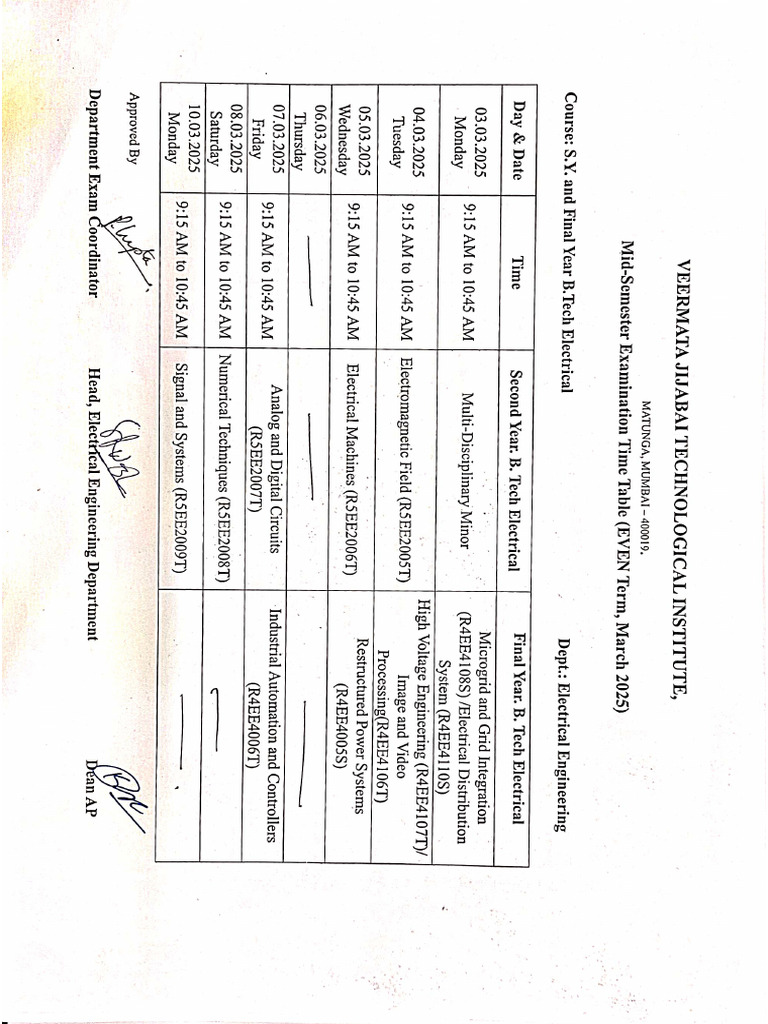MST Time Table - Second Year, Third Year and Final Year Electrical | PDF
