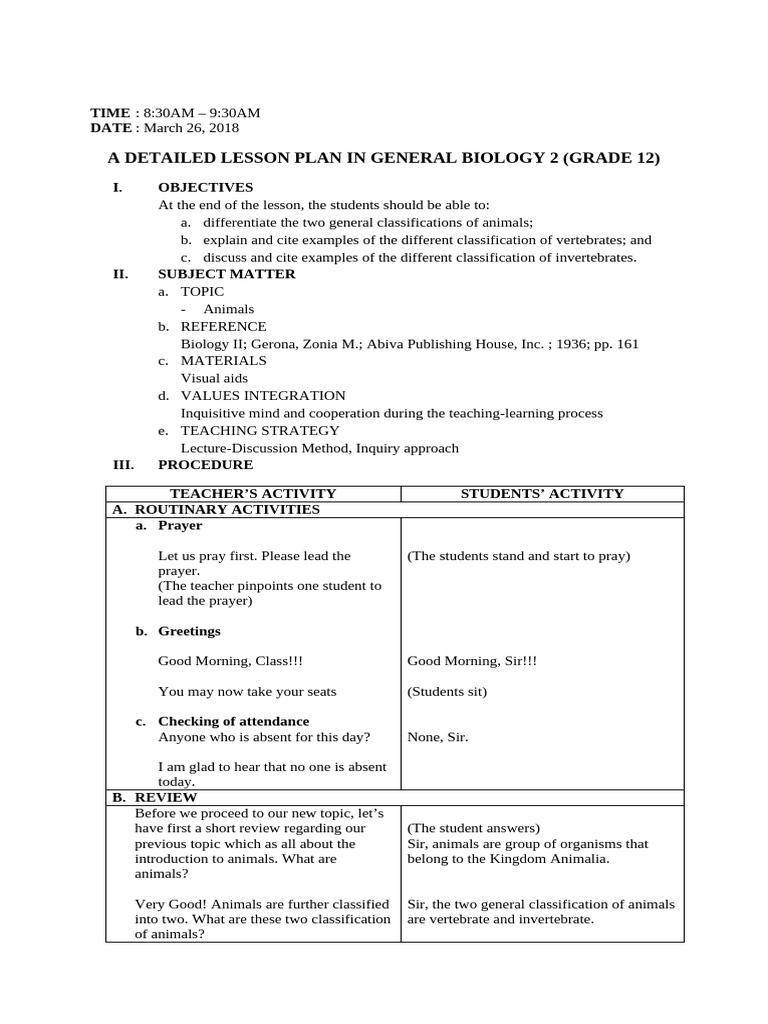 Lesson Plan Animals | PDF | Fish | Invertebrate