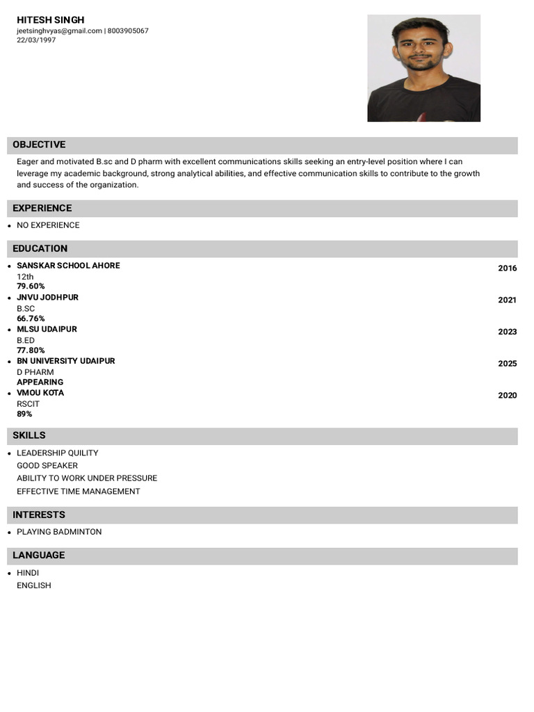 Entry-Level B.Sc & D.Pharm Resume | PDF