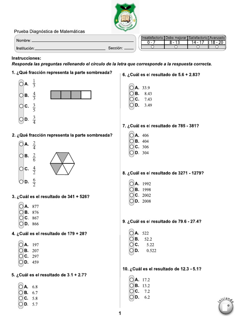 Prueba Diagnóstica 5º Matemáticas (2011) | PDF