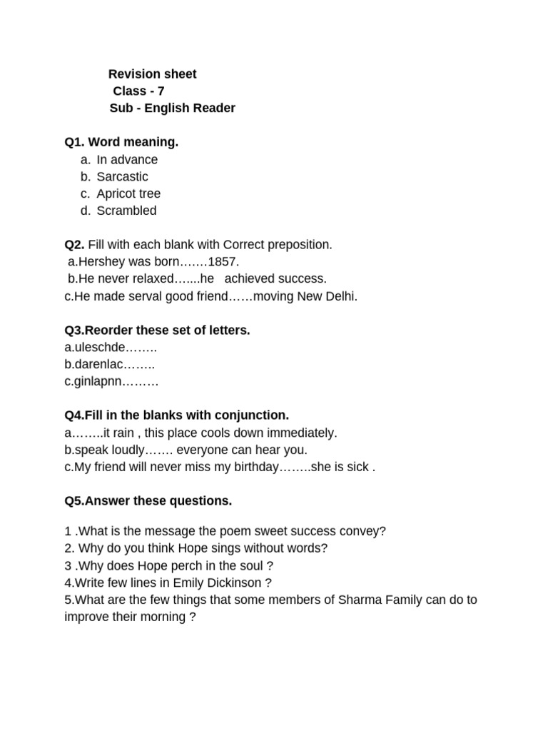 Class 7 English Revision Sheet | PDF