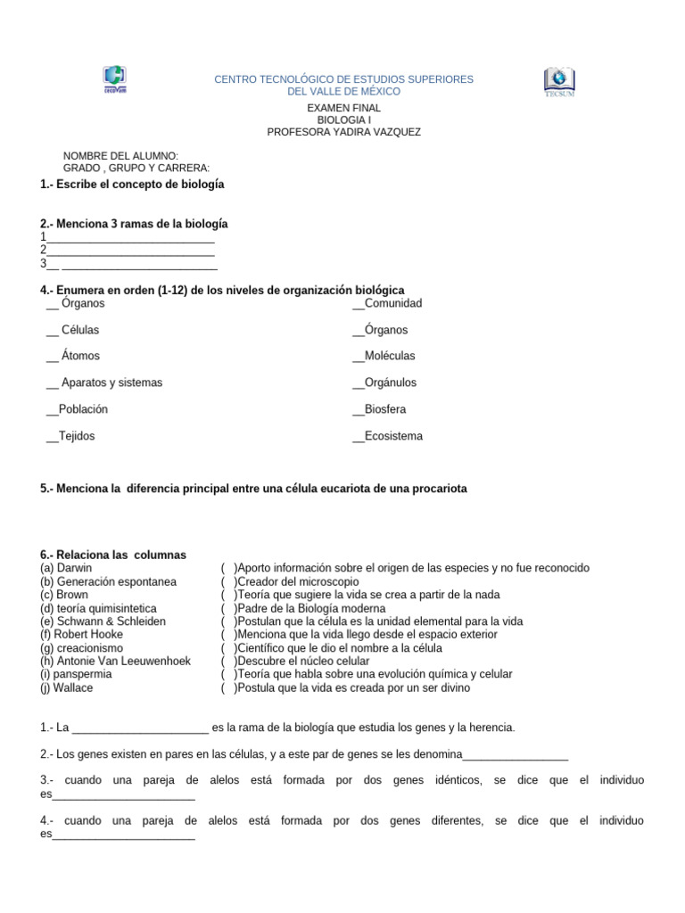 DISEÑO EXAMEN FINAL BIOLOGIA | PDF | Biología Celular) | Biología DISEÑO EXAMEN FINAL BIOLOGIA | PDF | Biología Celular) | Biología
