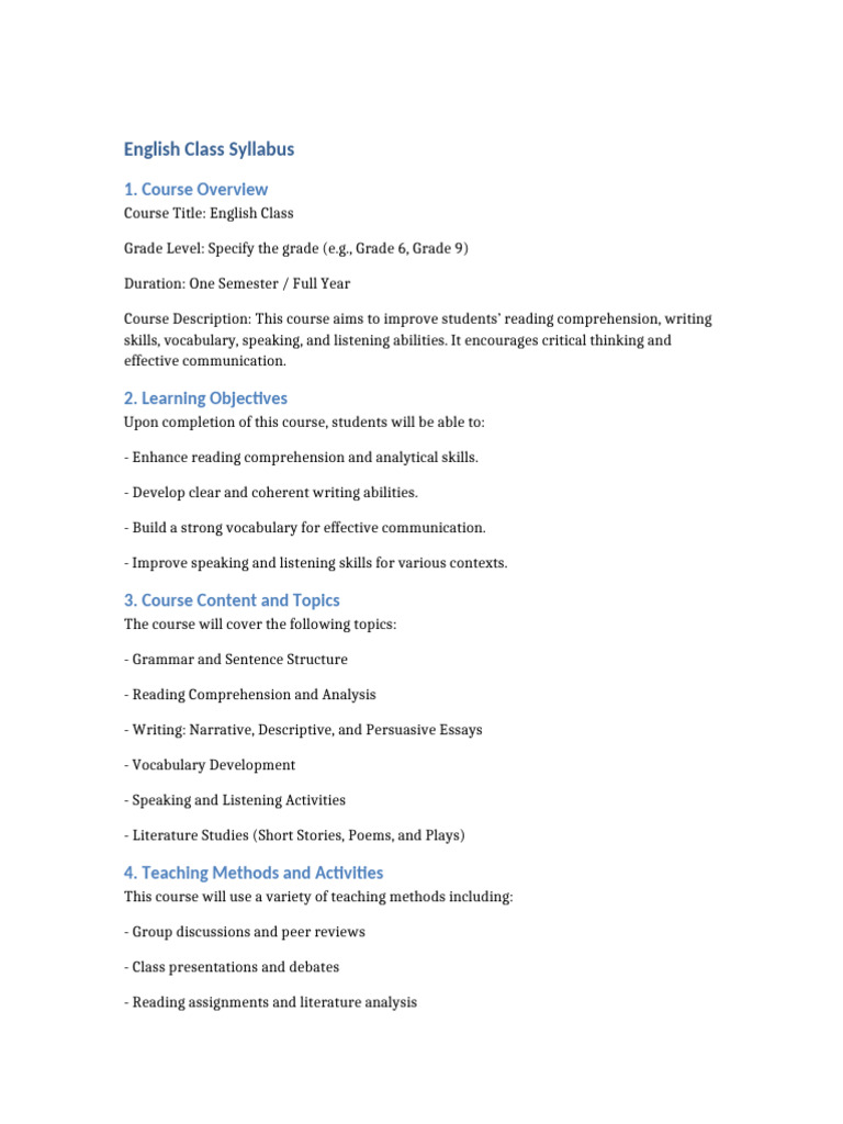 English Class Syllabus | PDF