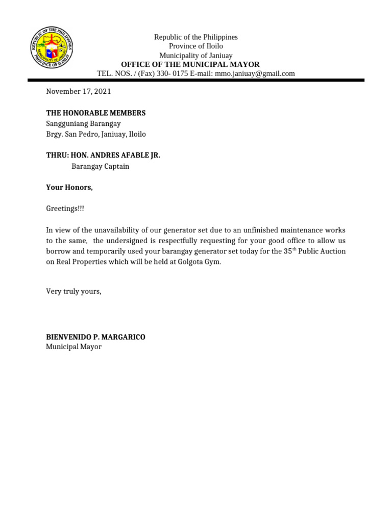 Request to Borrow Barangay Generator Set | PDF
