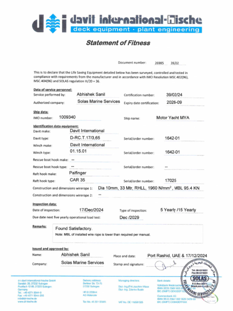 SAF1d - Certificate of Life Raft Davit Motor Yacht A - 15 Yearly ...