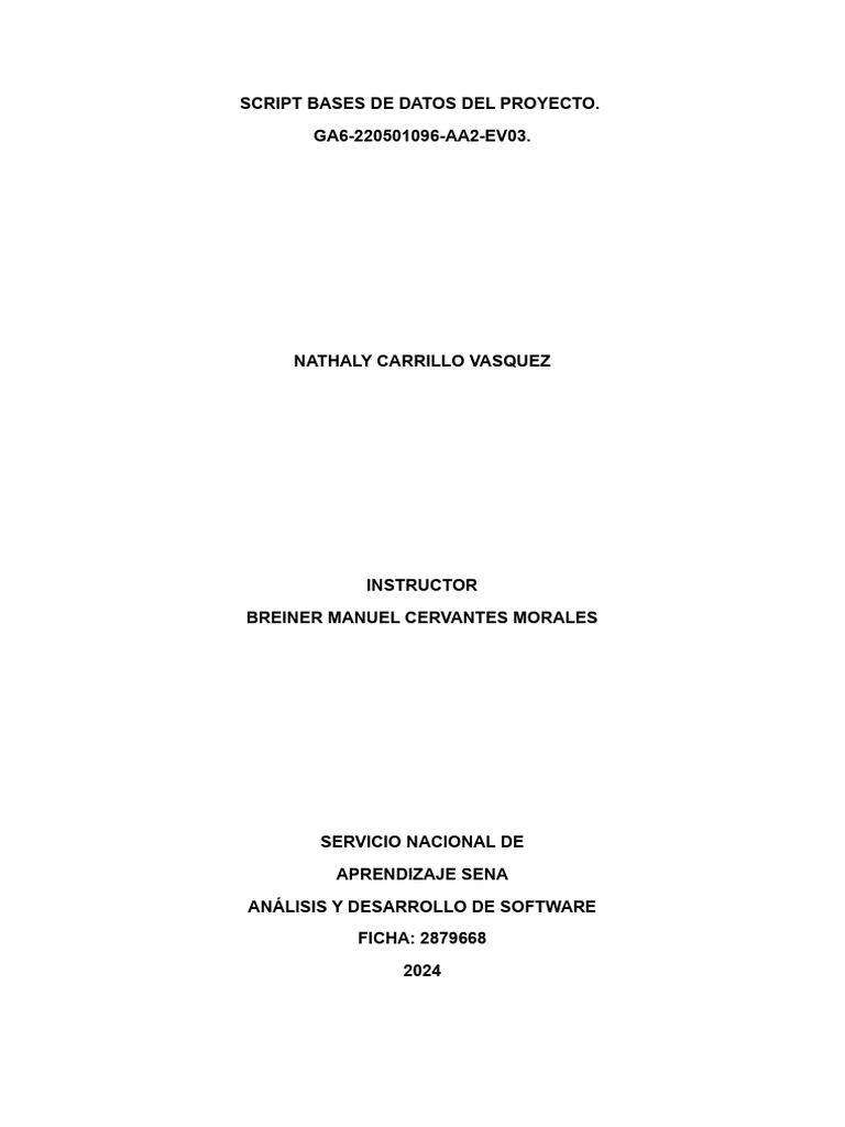 Script Bases de Datos Del Proyecto. GA6-220501096-AA2-EV03. | PDF | Tecnologías de la ...