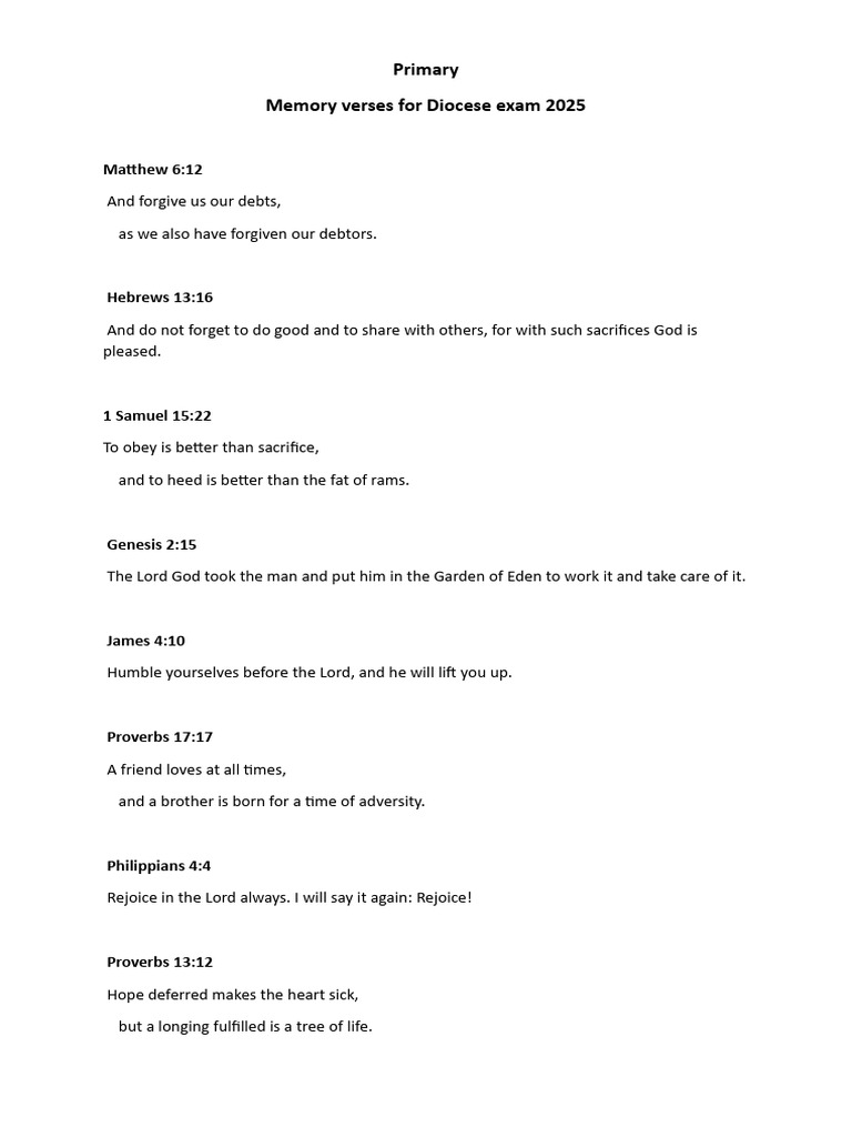 Diocese Exam 2025 Memory Verses | PDF
