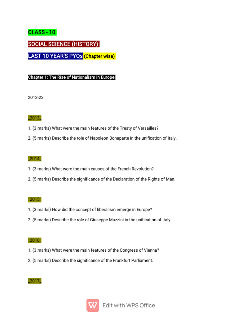 CLASS - 10 History (Last 10 Yrs PYQs) | PDF | Indian Independence Movement | World Trade ...