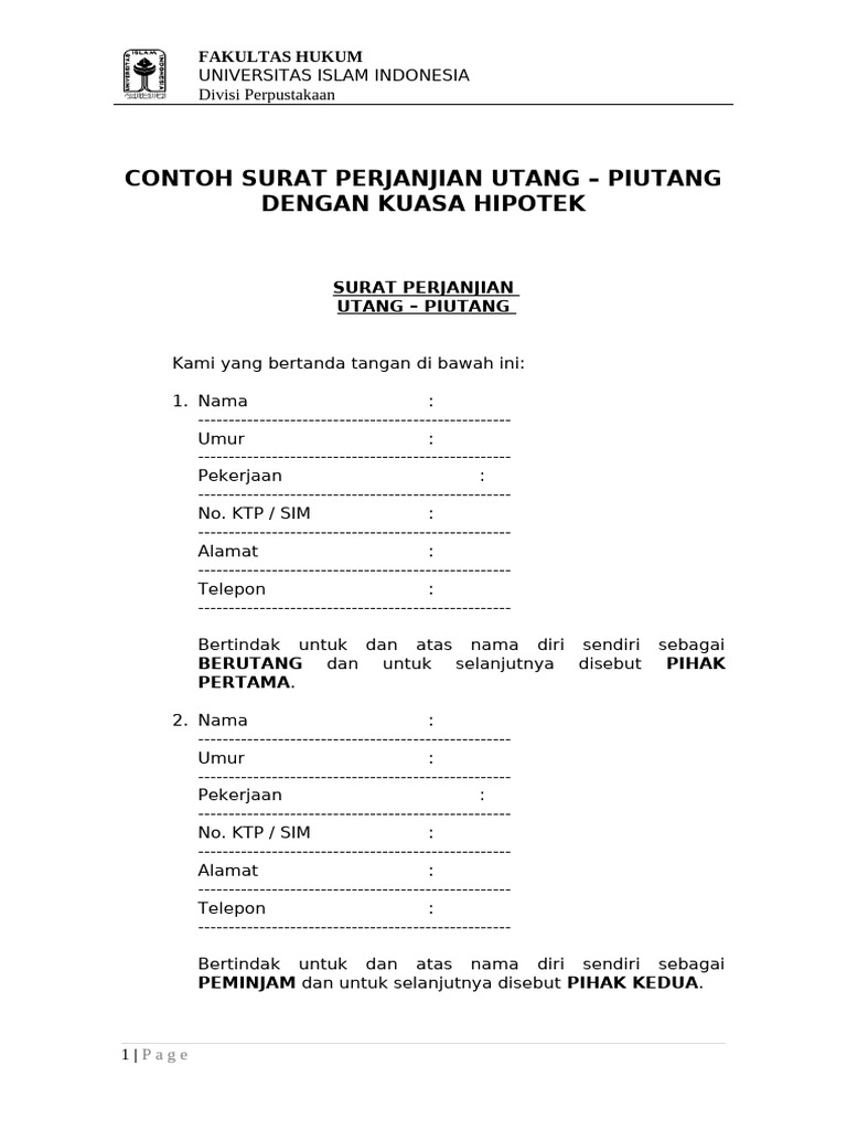 Contoh Surat Perjanjian Utang Piutang Dengan Kuasa Hipotek FH UII | PDF