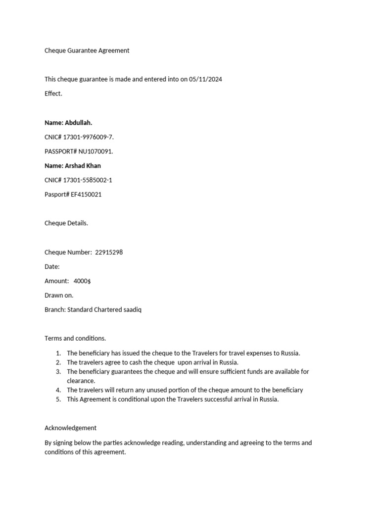 Cheque Guarantee Agreement | PDF