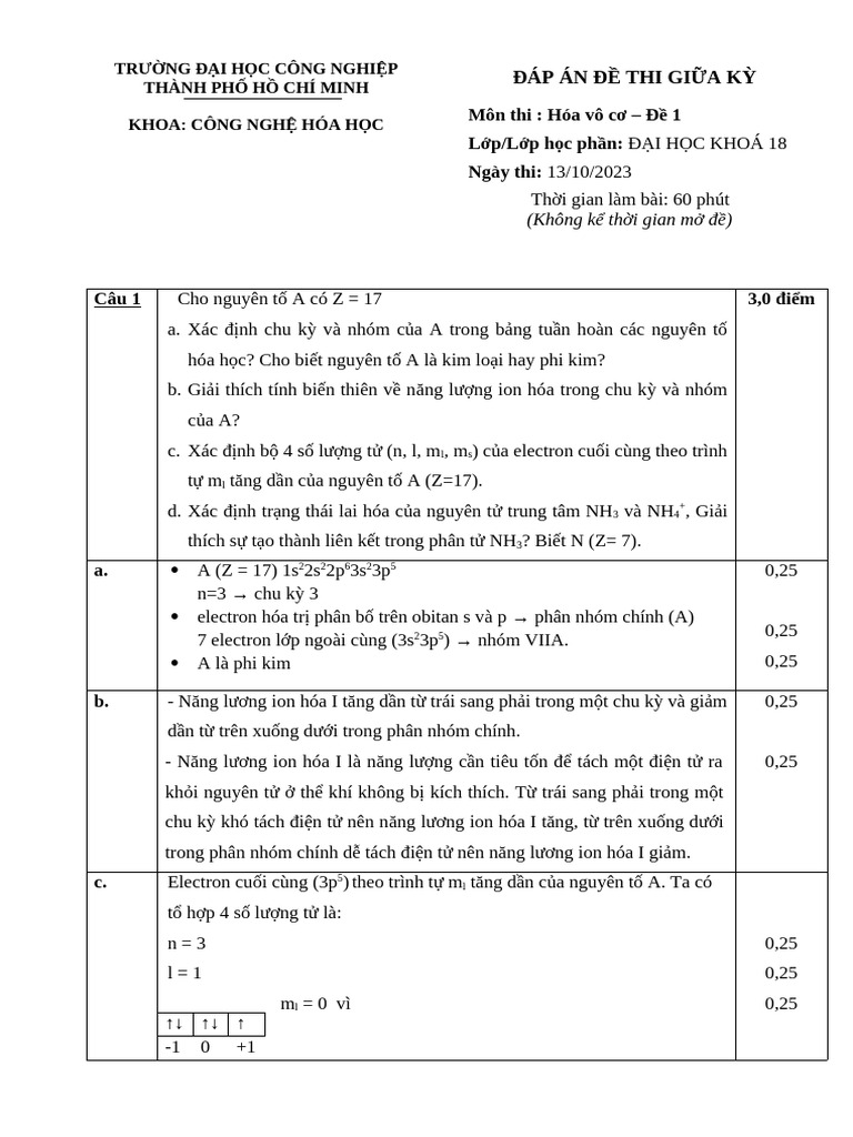 Đáp Án Đề 1 - Hoá Vô Cơ - GK - HKI - 2023 2024 | PDF