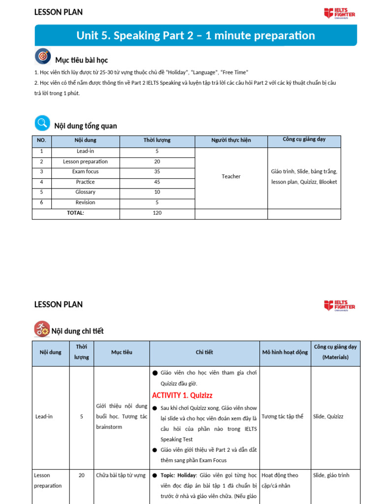 Lesson Plan - Speaking. Unit 5. Speaking Part 2 - 1 Minute Preparation | PDF
