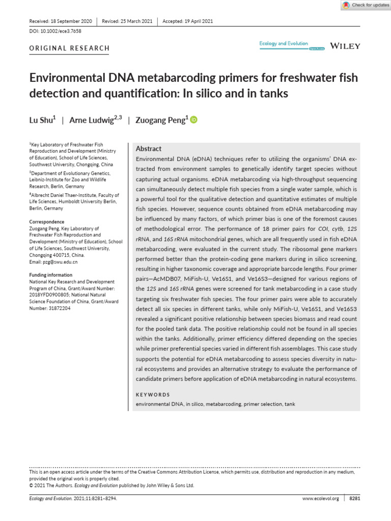 Ecology and Evolution - 2021 - Shu - Environmental DNA Metabarcoding Primers For Freshwater Fish ...