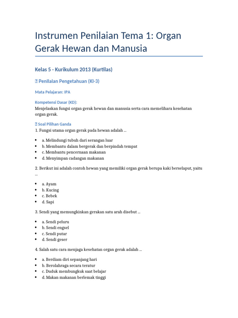 Soal IPA Kelas 5: Organ Gerak Hewan & Manusia | PDF