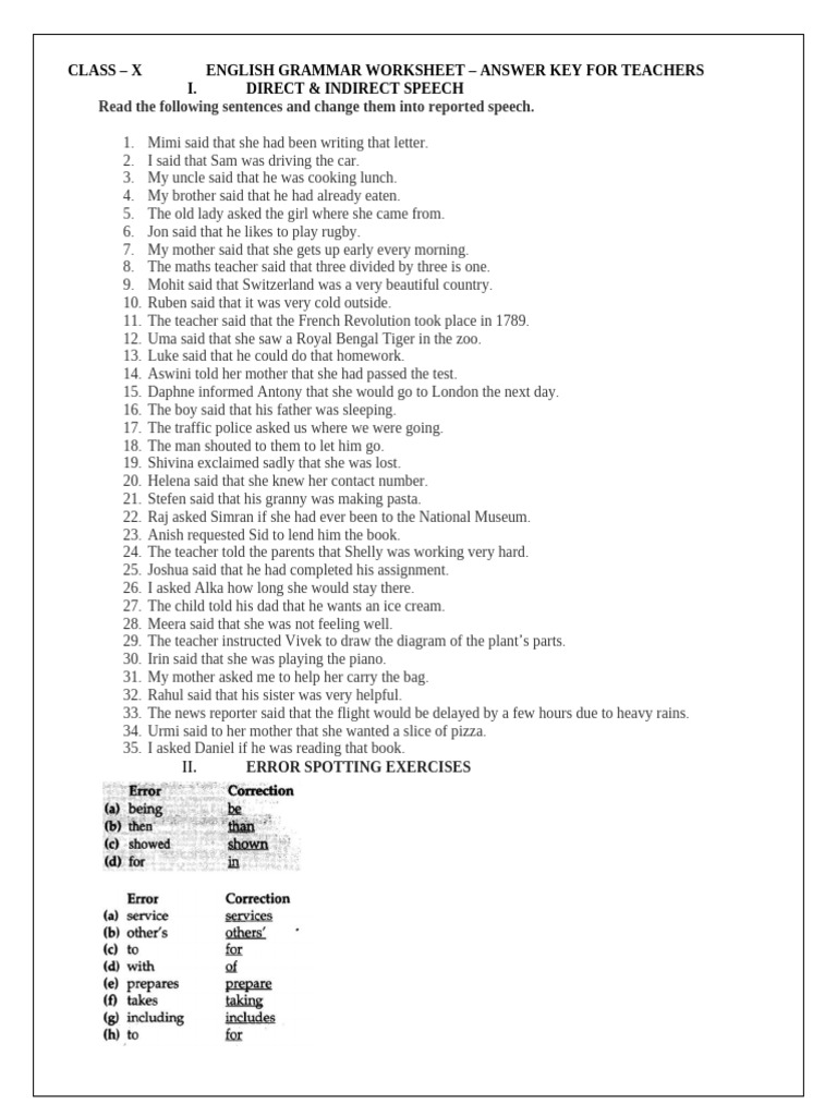Class 10 English Grammar Worksheet Answer Key | PDF