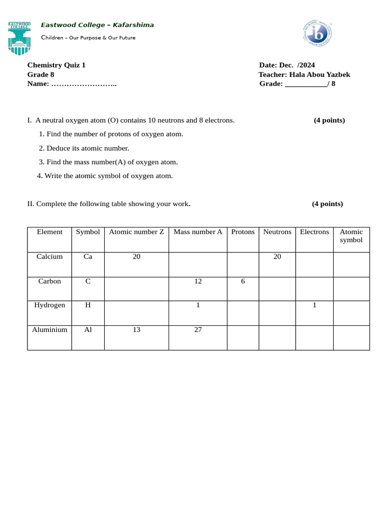 Grade 8 Chemistry Quiz Oxygen Elements Pdf