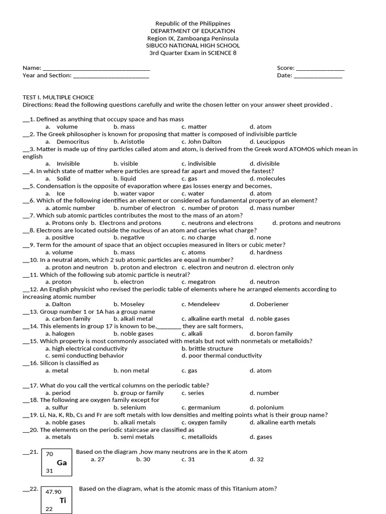 Science 8 3rd Quarter Exam Guide | PDF | Chemical Elements | Atoms
