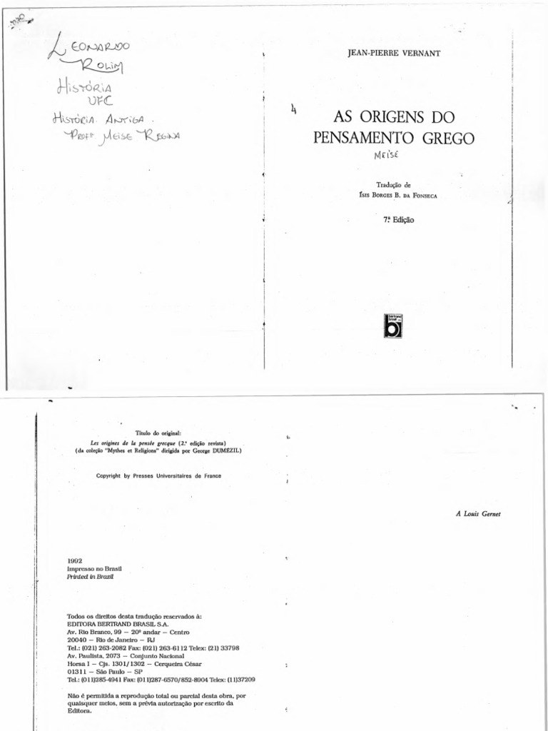 VERNANT, Jean-Pierre. as Origens Do Pensamento Grego | PDF