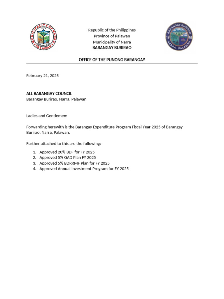 Budget 2025 Endorsement To BRGY. Council | PDF