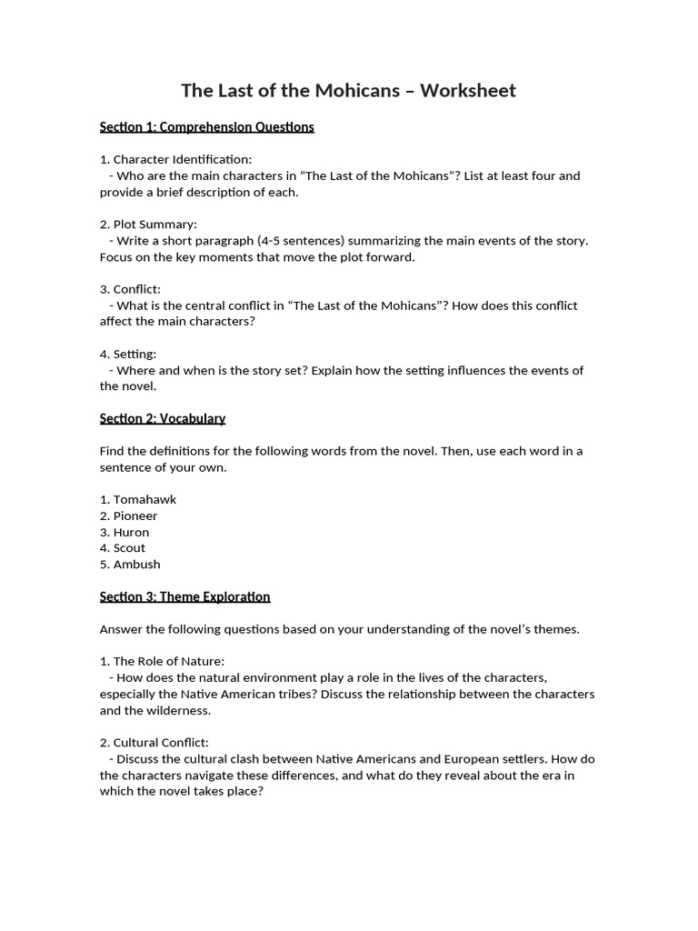 Last of the Mohicans Worksheet Guide | PDF