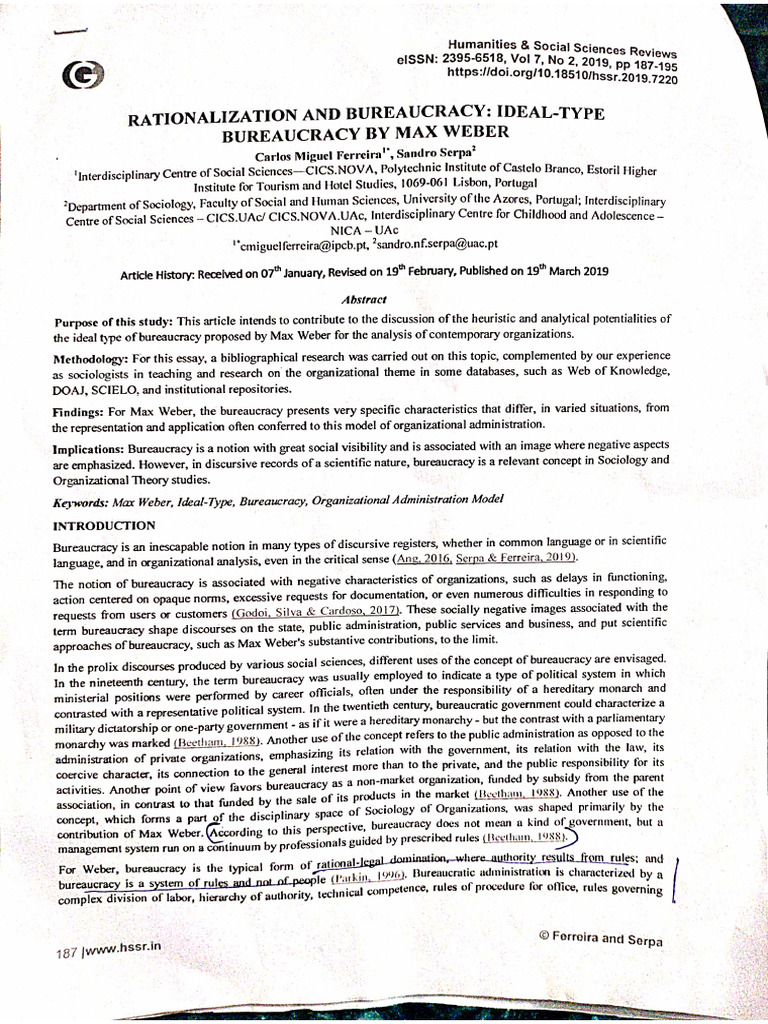 Rationalization and bureaucracy by Max Weber | PDF