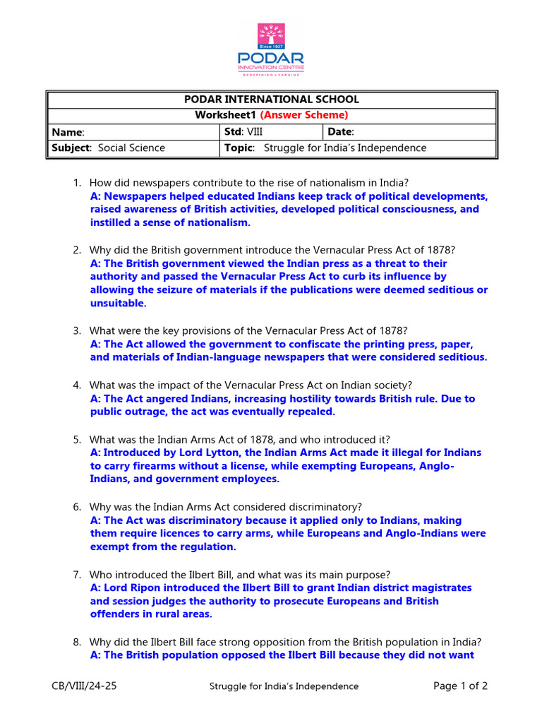 AS - WS1 - VIII - SSC - Struggle For India - S Independence | PDF ...