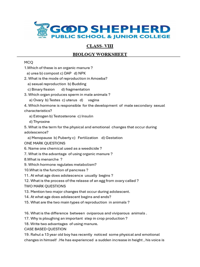 Class 8 Biology Worksheet on Adolescence | PDF