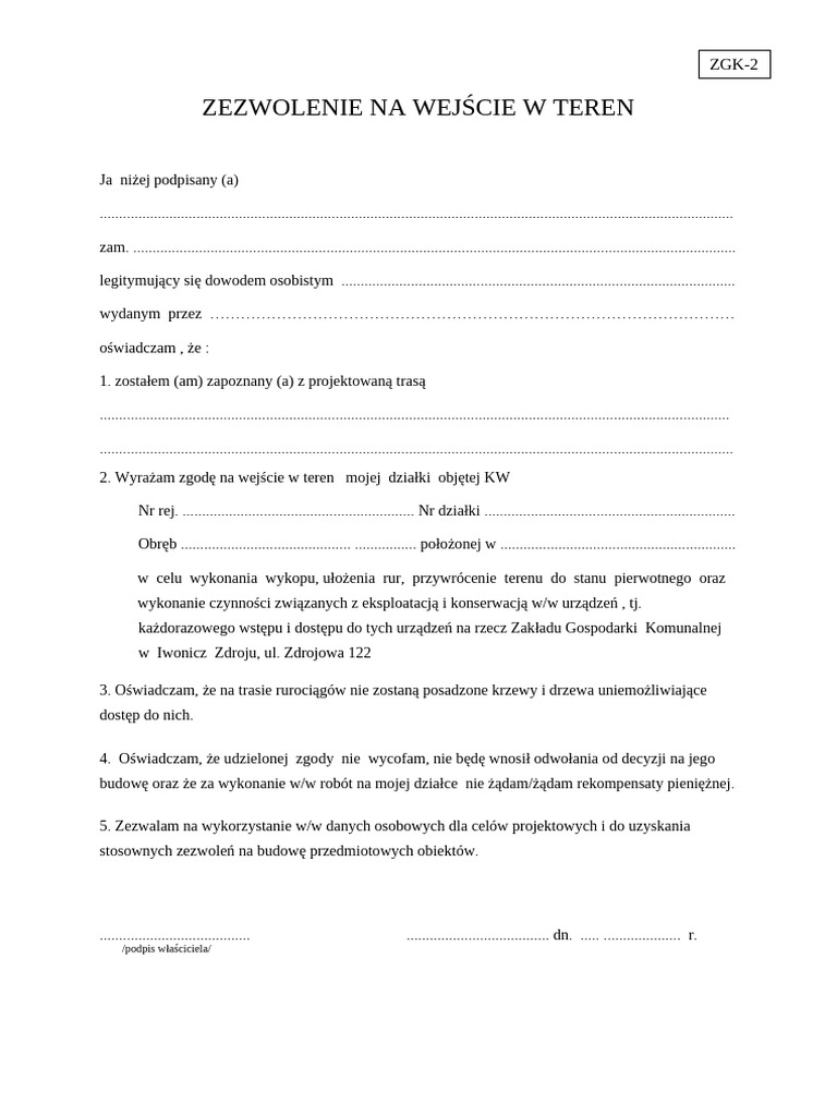 Zezwolenie Na Wejście W Teren | PDF