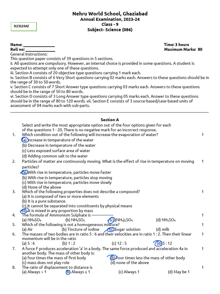 Class 9 Science Exam Paper 2023-24 | PDF | Atoms | Cell Nucleus