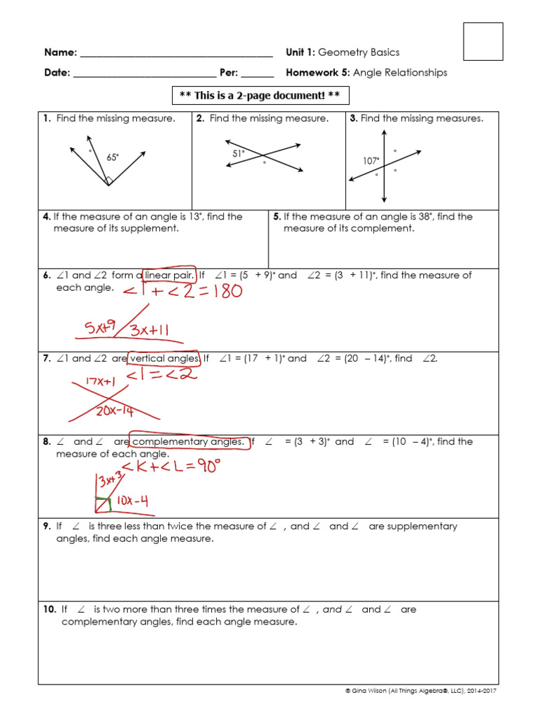 Section 6 Angle Relationships Classwork | PDF | Geometry | Mathematics