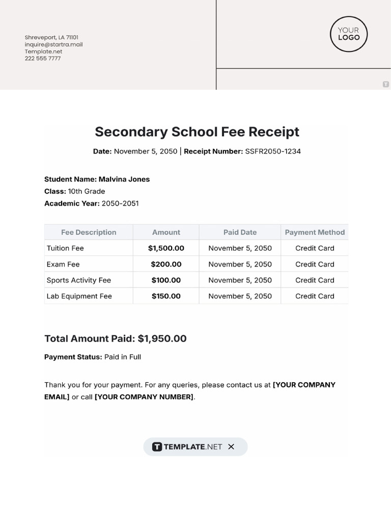 Secondary School Fee Receipt Template | PDF