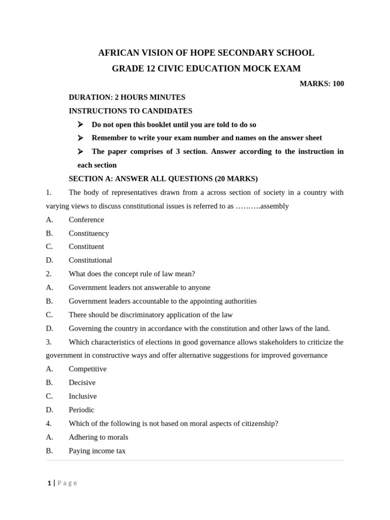 Grade 12 Civic Education Mock Exam | PDF | Poverty | Poverty & Homelessness