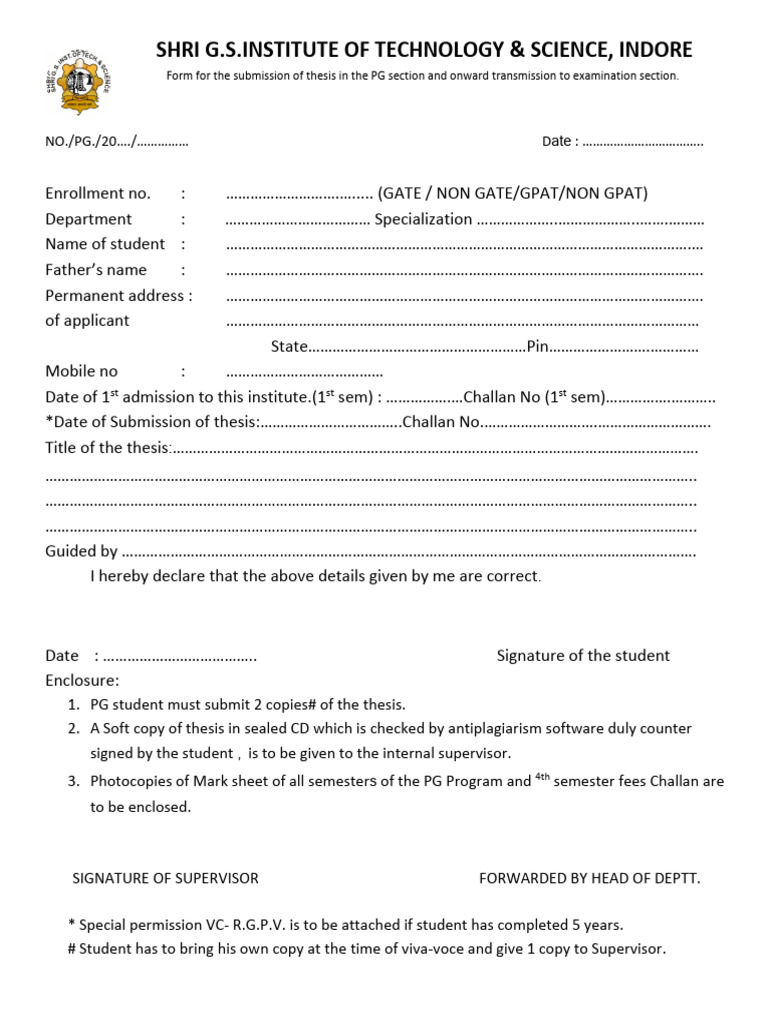 Thesis Submission Form - SGSITS Indore | PDF | Thesis | Vocational Education