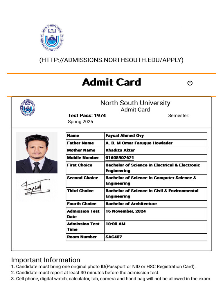 NSU Admission Test Guidelines 2024 | PDF