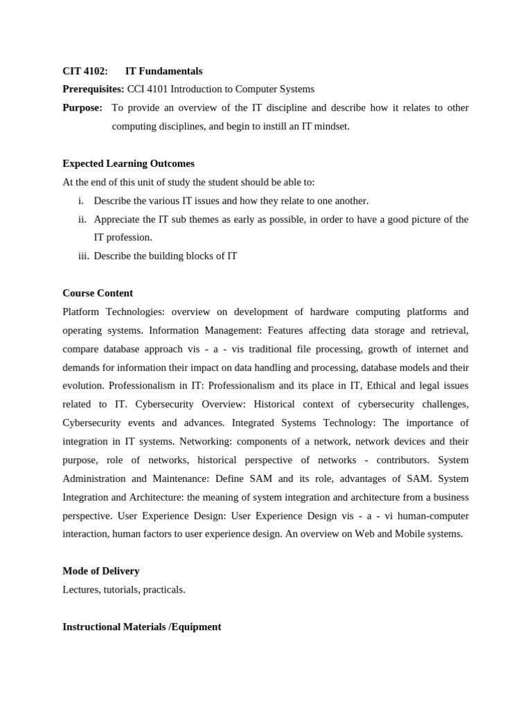 CIT 4102 IT Fundamentals COURSE OUTLINE | PDF | Computer Security ...
