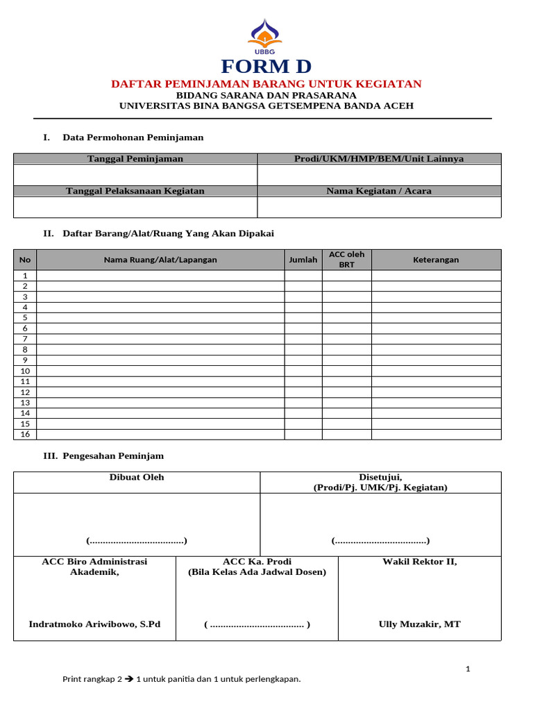 Formulir Peminjaman Barang Univ. | PDF