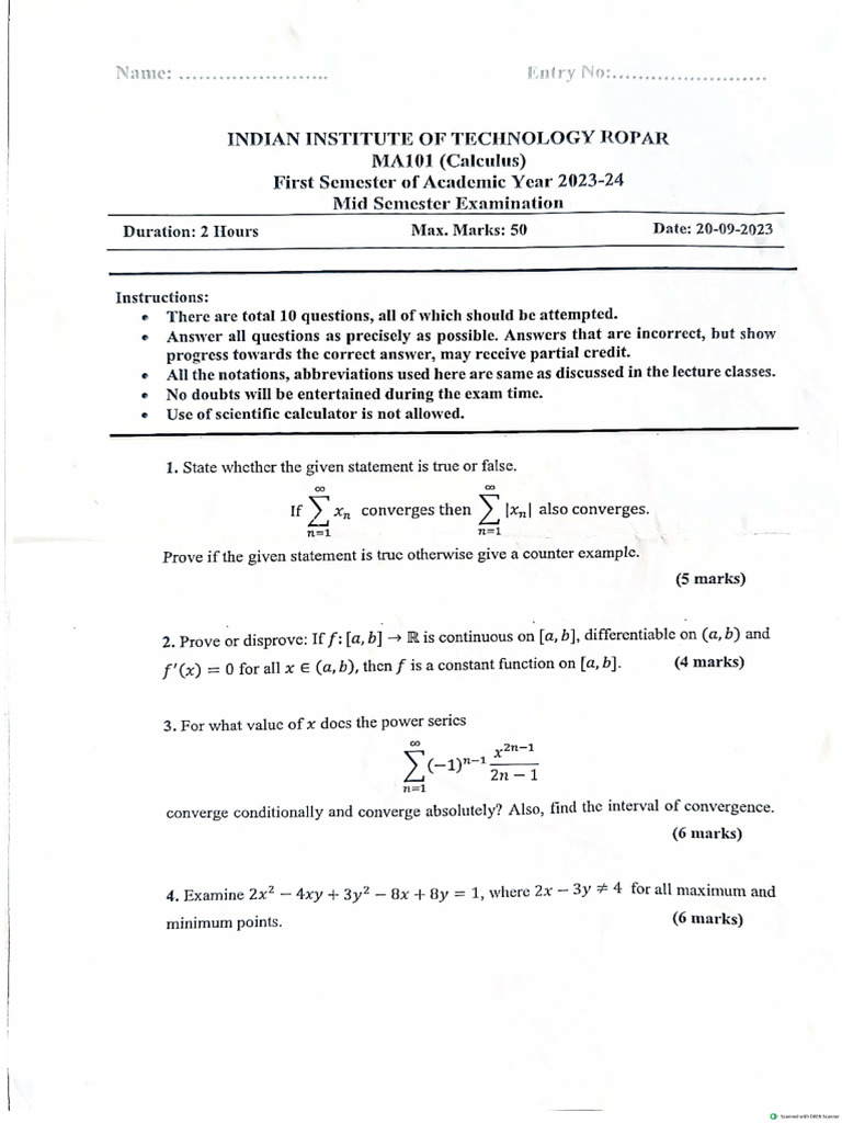 MA101 Midsem 2023 | PDF