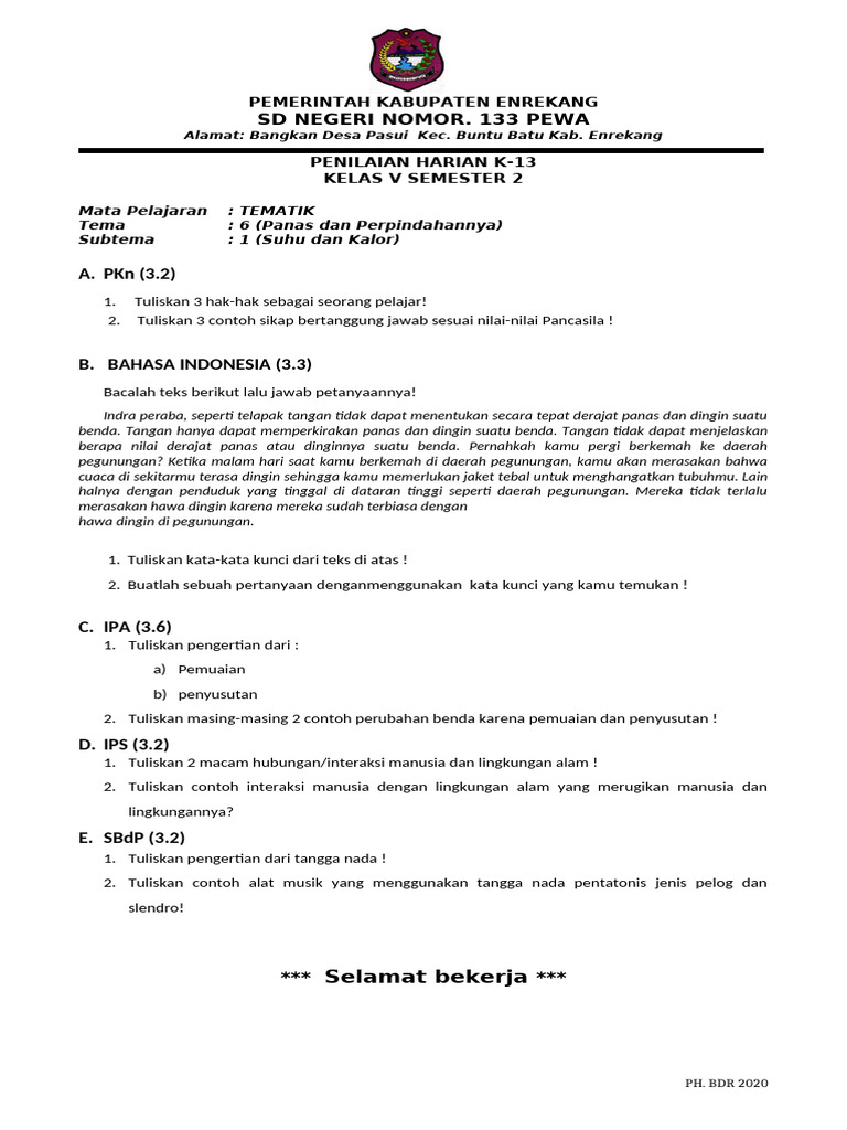SOAL PH TEMA 6 SUBTEMA 1 | PDF