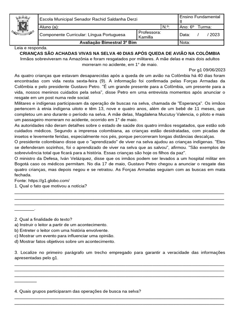 Prova 6 Ano Bimestral 3 Bimestre 2023 | PDF | Colômbia