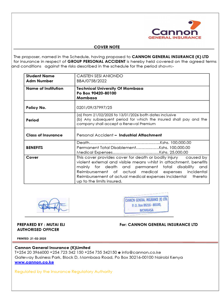 Student Accident Insurance Cover Note | PDF | Insurance | Disability