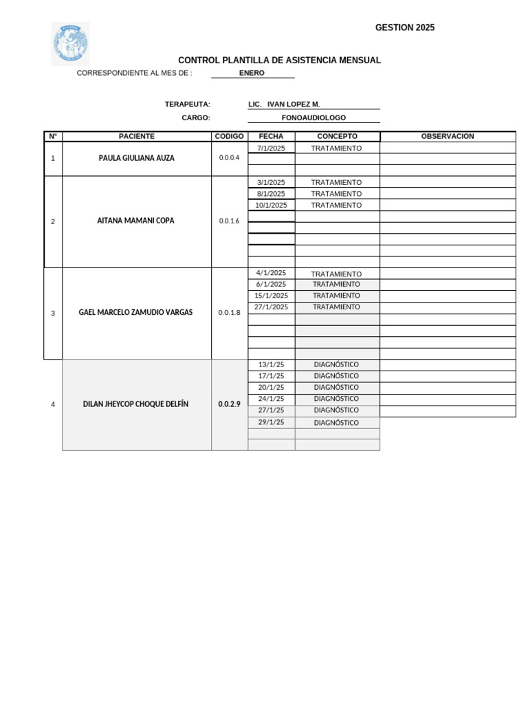 Planilla de Atencion Mes Enero Lic Ivan | PDF