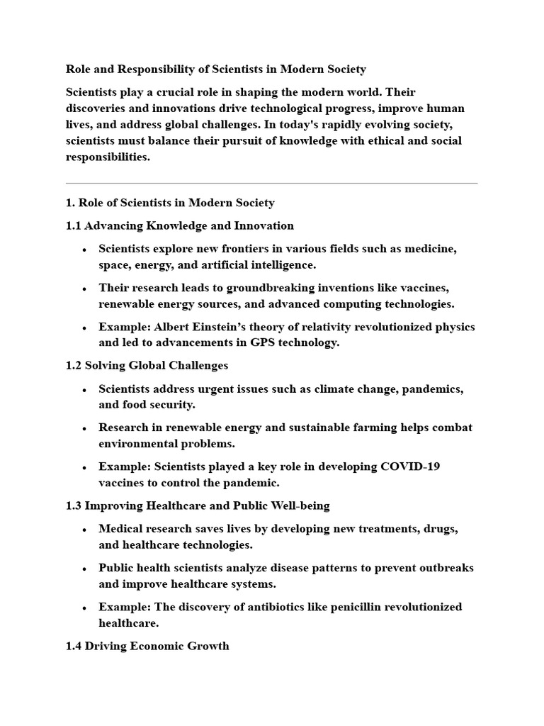 Role and Responsibility of Scientists in Modern Society | PDF | Science ...