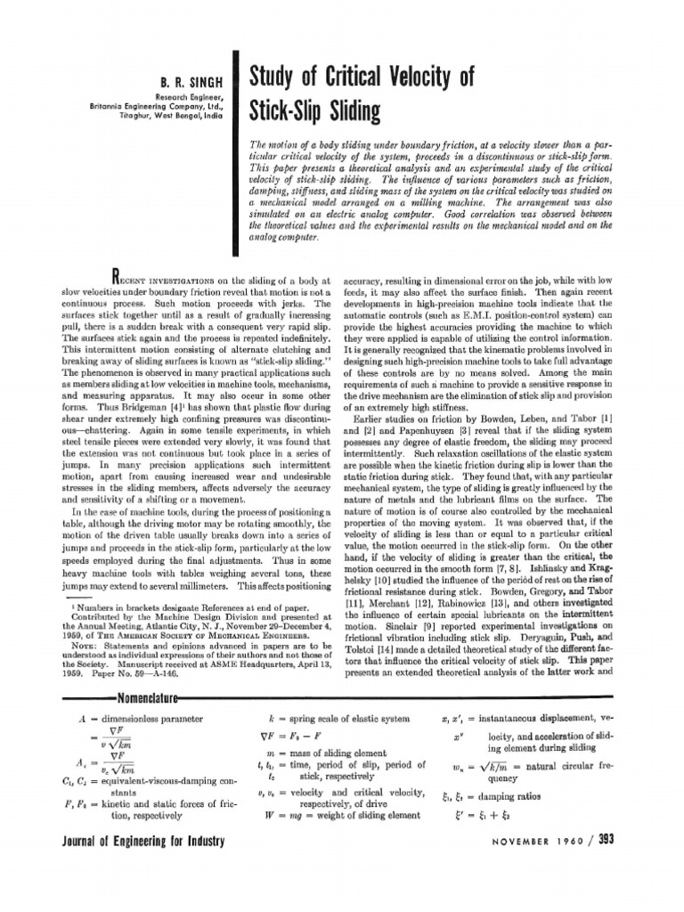 Study of Critical Velocity of Stick-Slip Sliding | PDF | Friction | Damping
