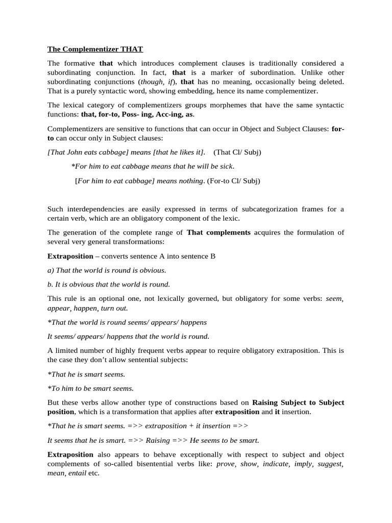 Understanding the Complementizer "That" | PDF | Subject (Grammar) | Clause