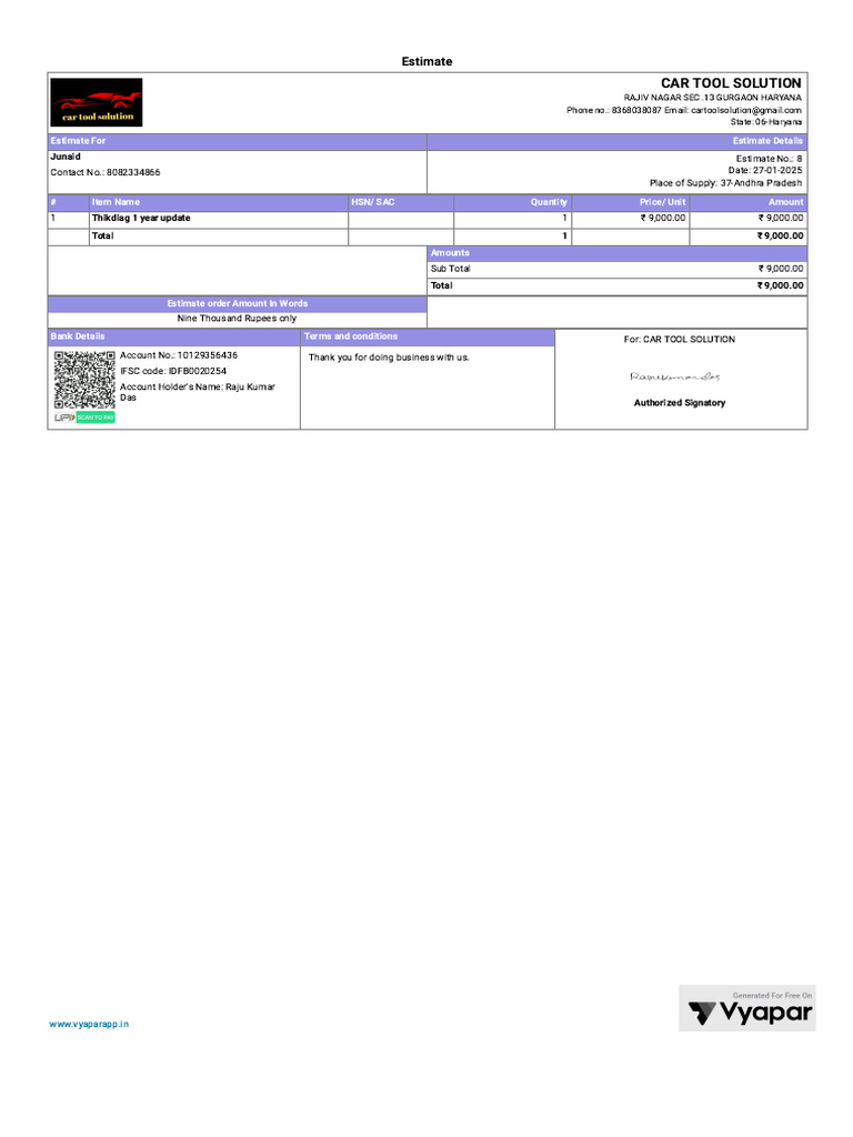 Invoice Estimate for Car Tool Solution | PDF | Symbols | Currency