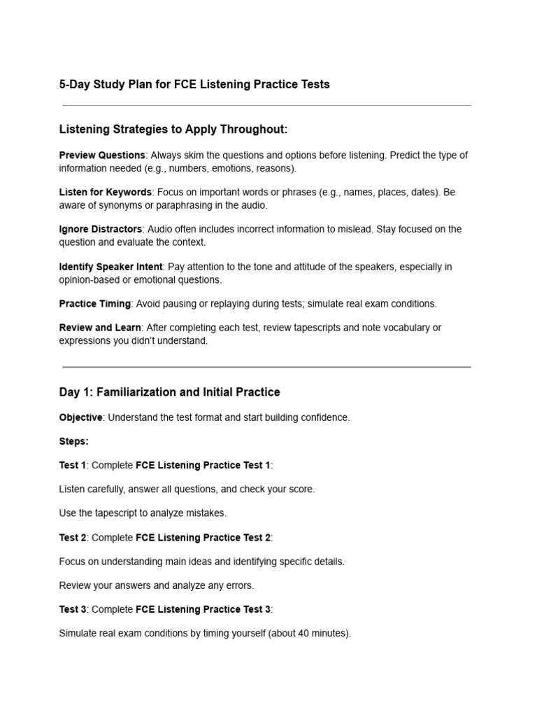 FCE Listening Practice 5-Day Plan | PDF | Reading Comprehension ...