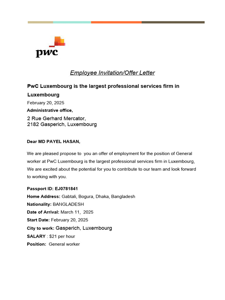 PwC Luxembourg General Worker Offer Letter | PDF | Salary | Employment