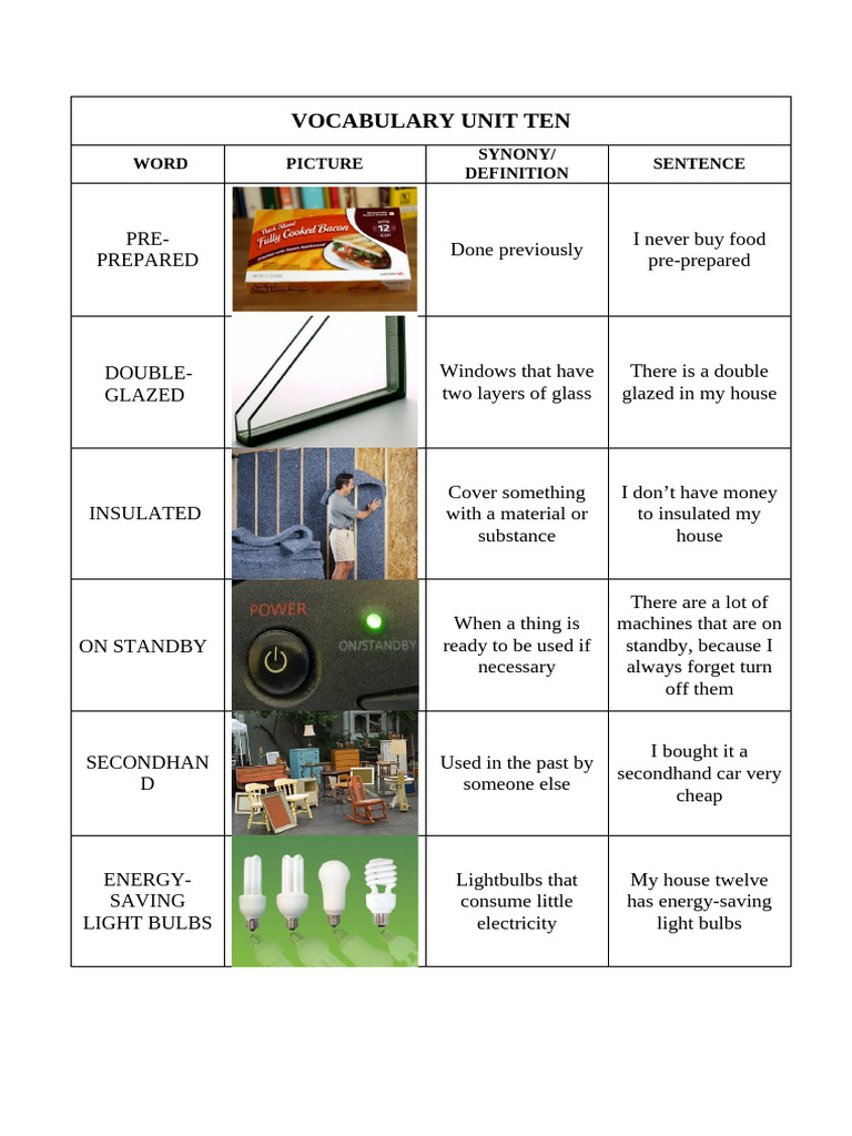 Vocabulary Unit Ten: Word Picture Synony/ Sentence | PDF