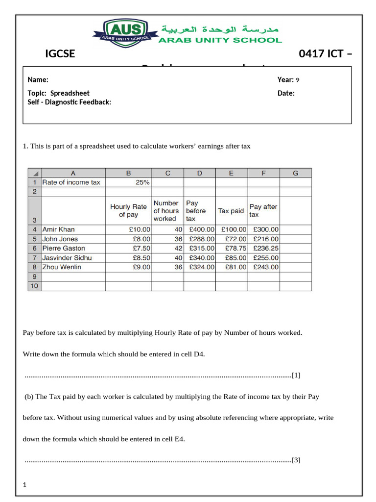 Revision CT2 9ICT-Spreadsheet | PDF
